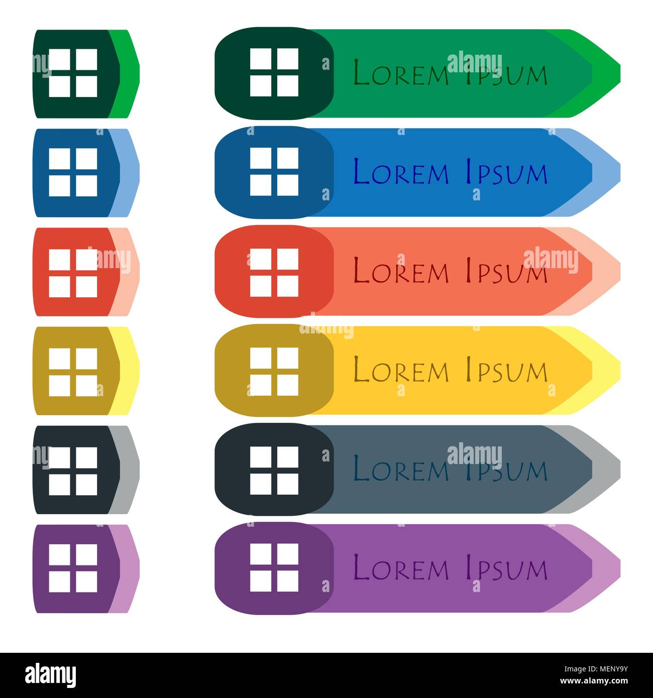 List menu, app icon sign. Set of colorful, bright long buttons with ...