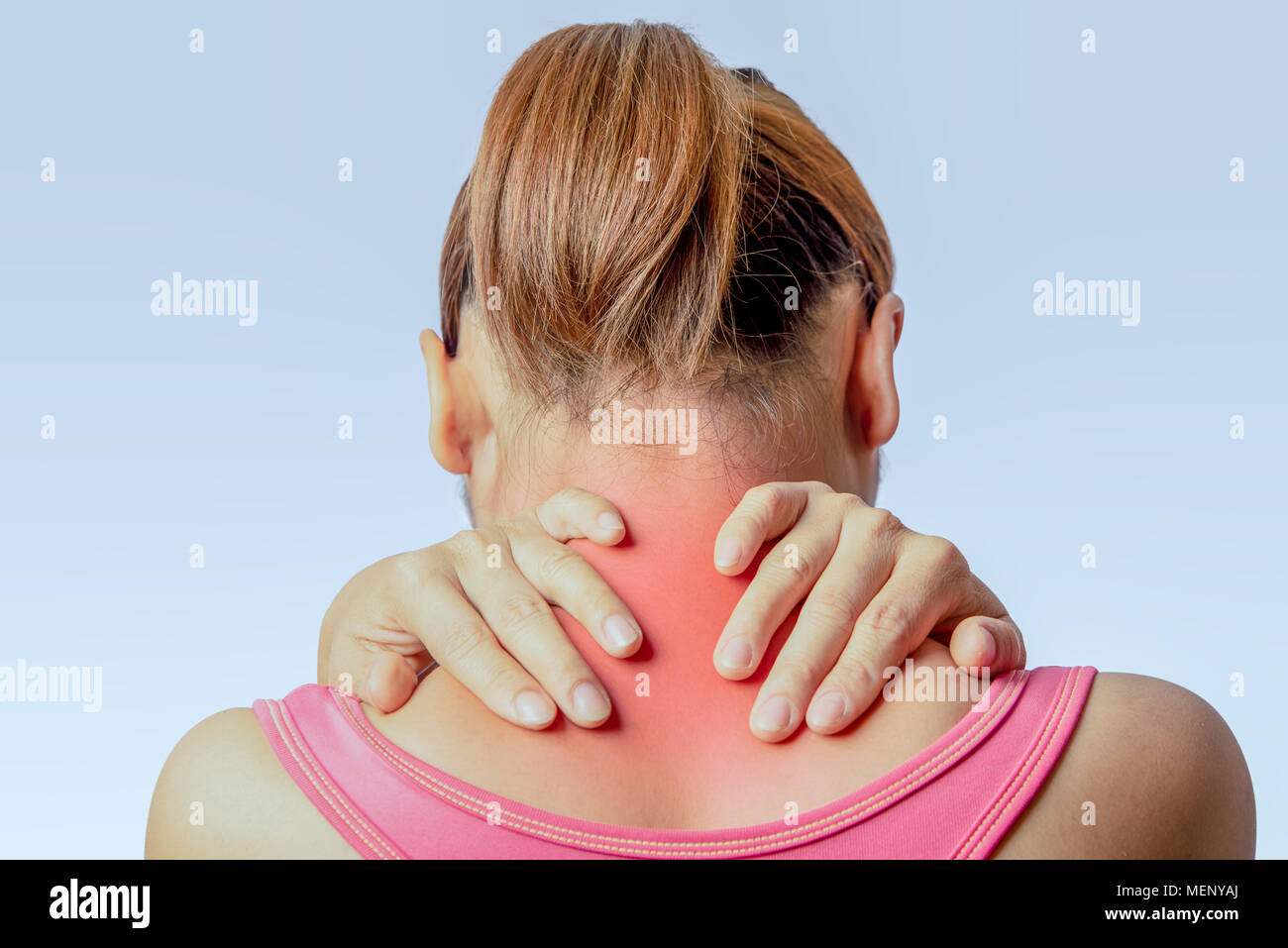 asian woman holding hand and touching skin around cervical spine on ...