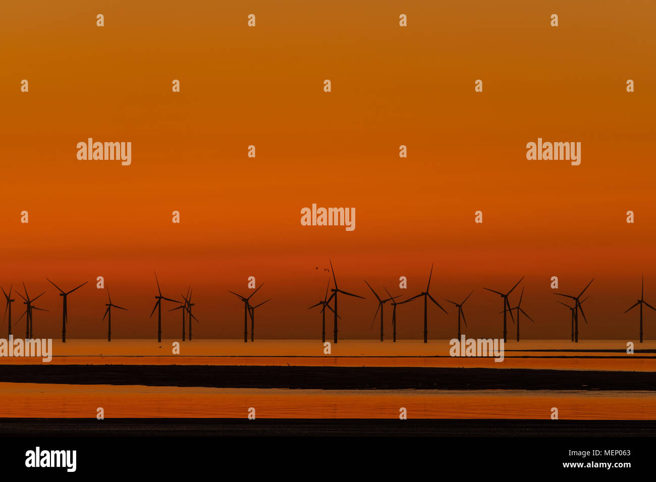 A view of Burbo Bank Wind Farm off the Wirral coast from New Brighton ...