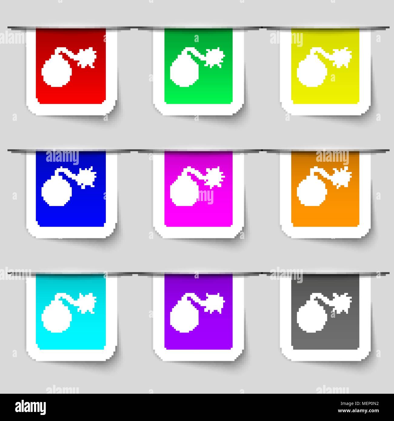 bomb icon sign. Set of multicolored modern labels for your design ...