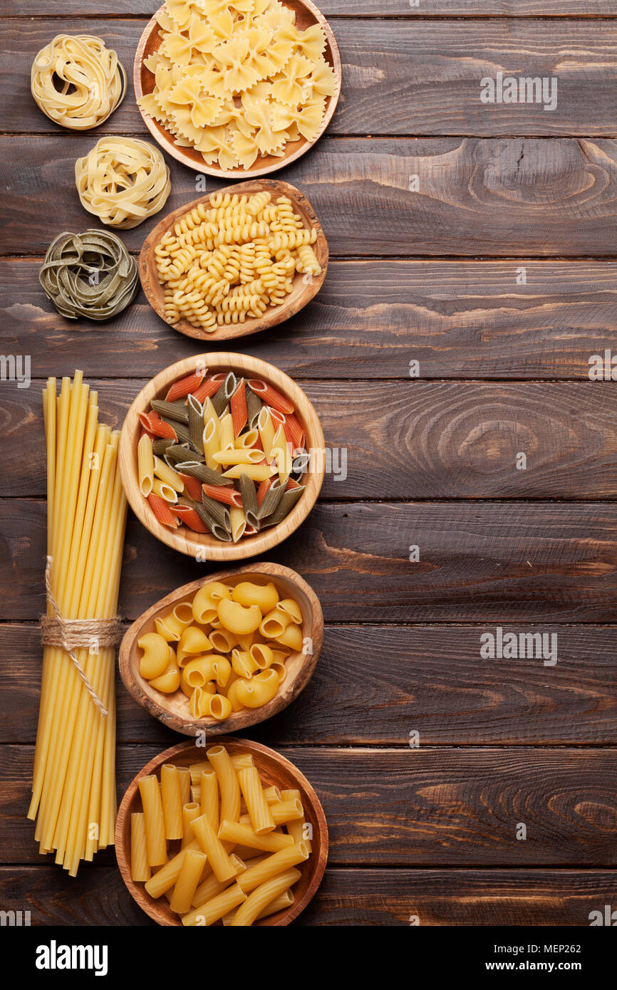 Various pasta. Cooking concept. Top view with space for your recipe ...