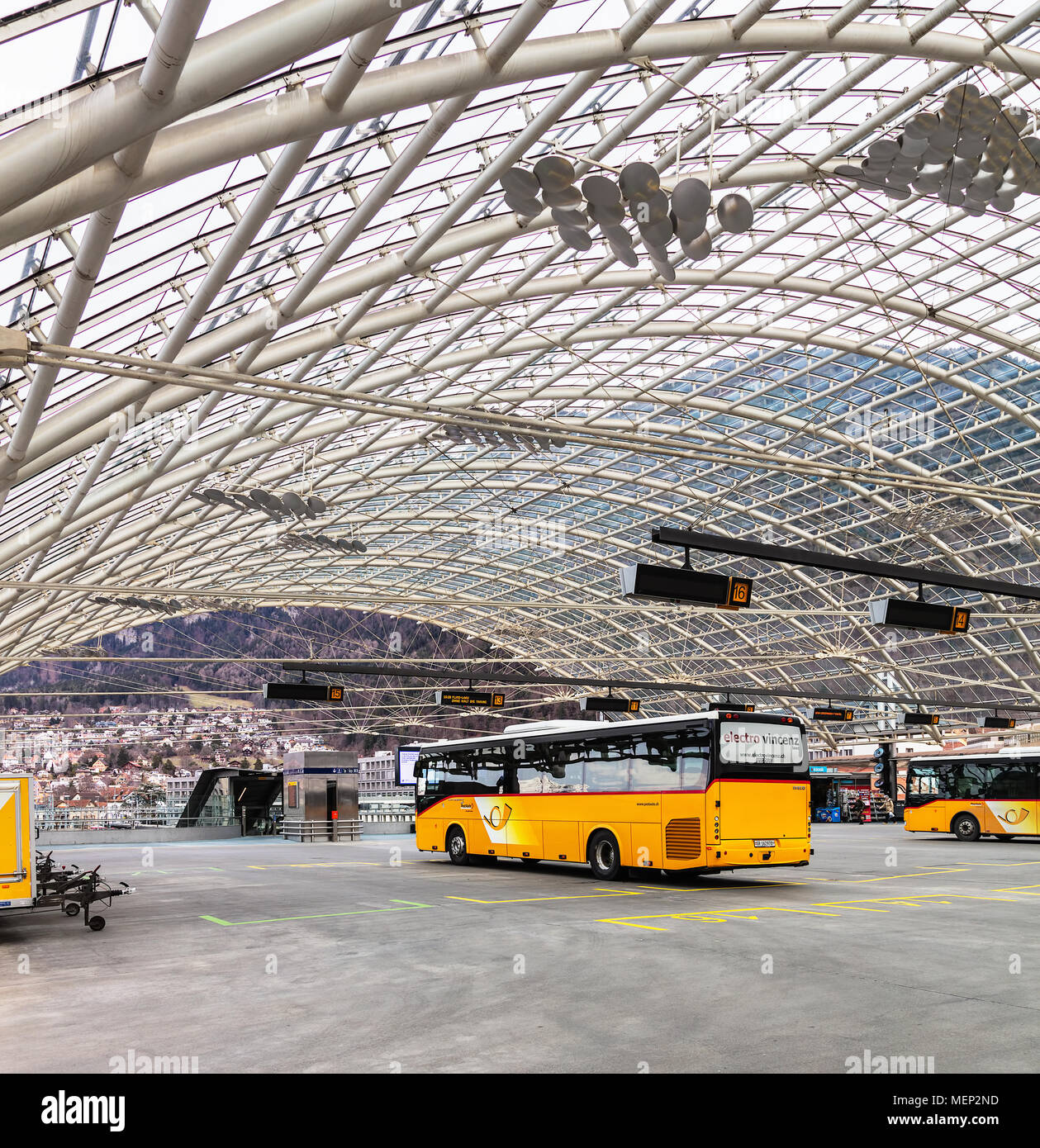 Chur, Switzerland - 3 March, 2017: Post Buses at the Chur bus station ...