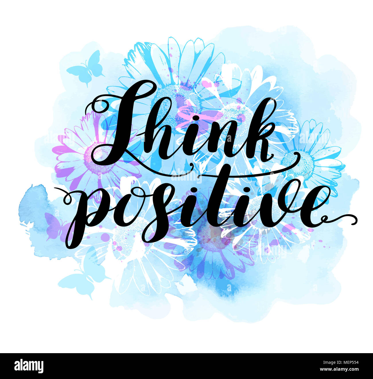 Abstract background with blue watercolor blots and daisy flowers ...