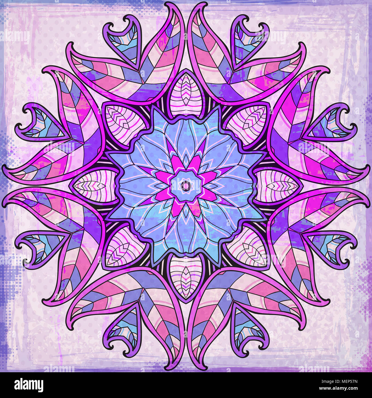 Abstract violet round oriental ornament on a grunge background. Hand ...