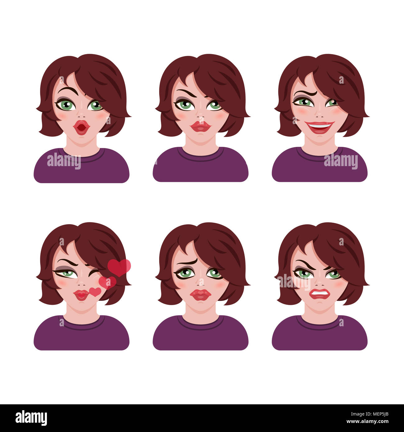 Emoticon icons brunette girl isolated on white Stock Photo - Alamy