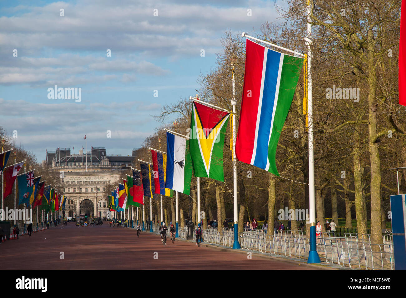 Rows of flags on The Mall looking towards Admiralty Arch in Central ...