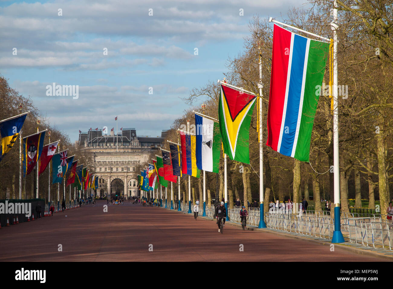 Rows of flags on The Mall looking towards Admiralty Arch in Central ...