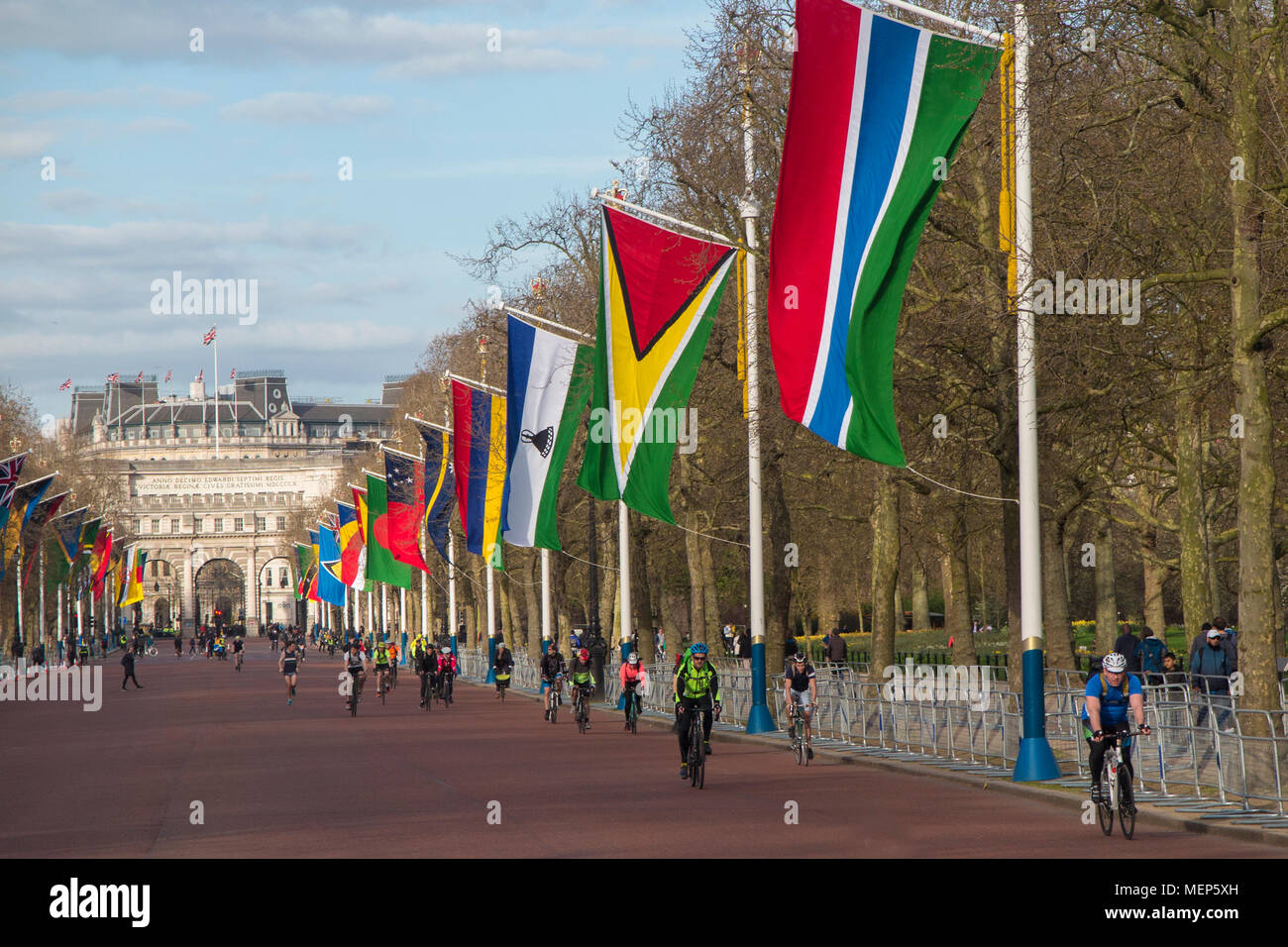 Rows of flags on The Mall looking towards Admiralty Arch in Central ...