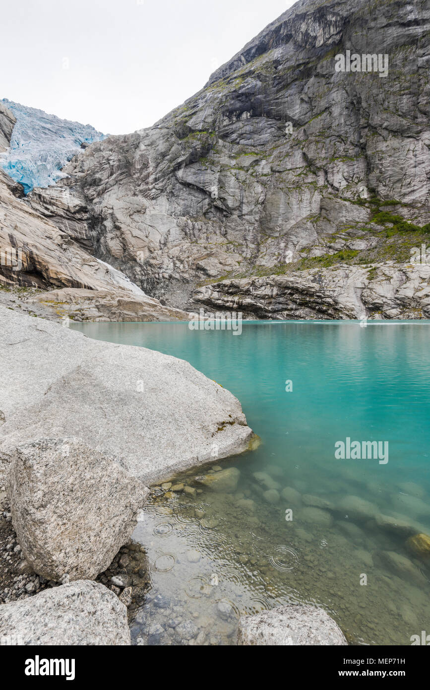 glacier Briksdalsbreen and its lake, Norway, arm of the Jostedal ...