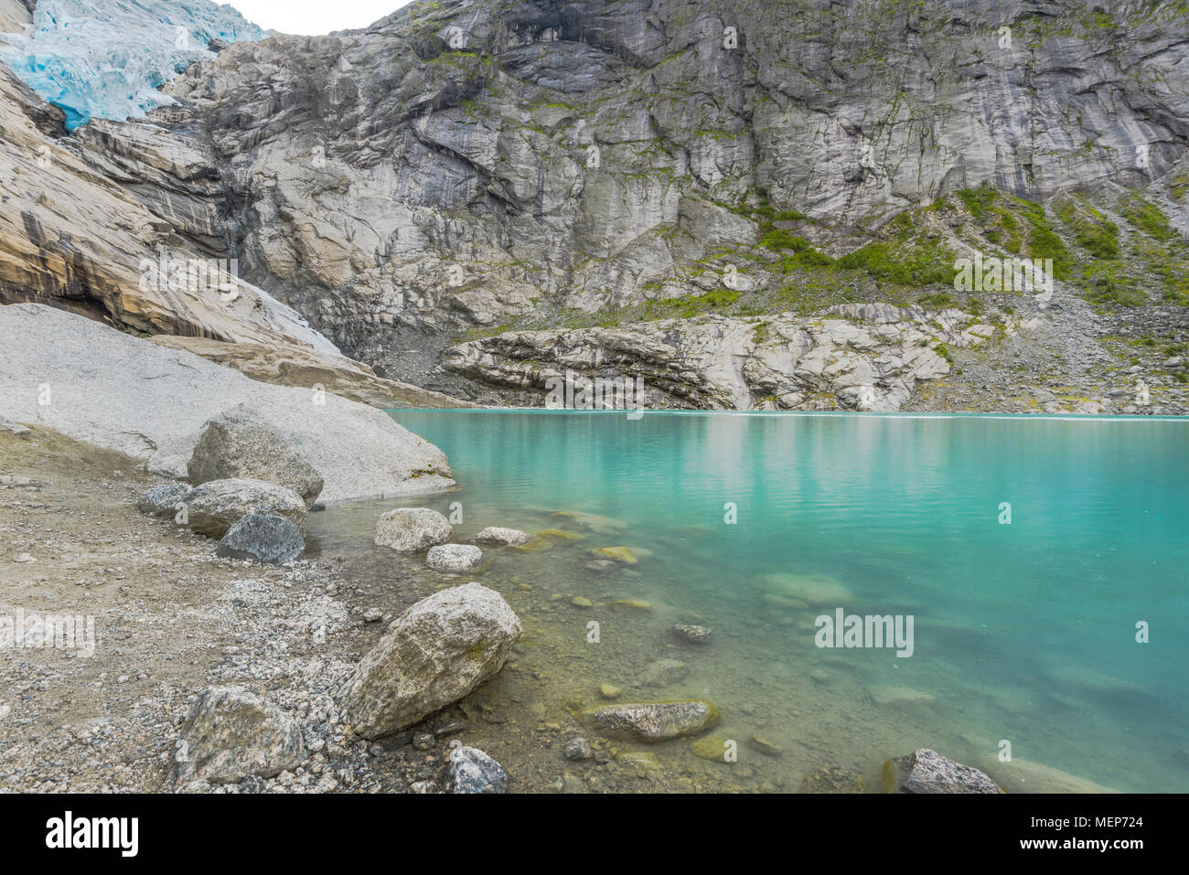 glacier Briksdalsbreen and its lake, Norway, arm of the Jostedal ...