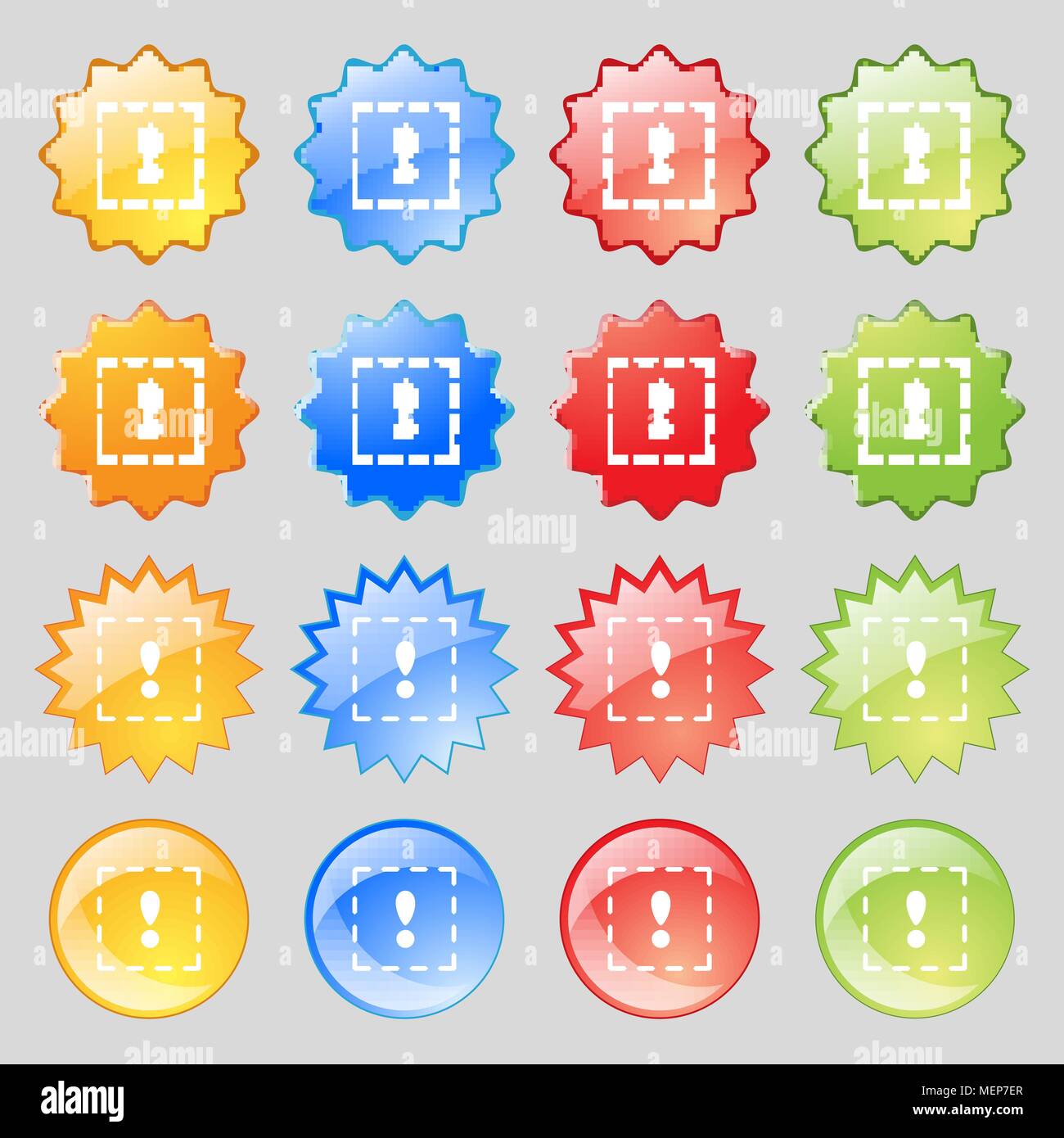 The exclamation point in a square icon sign. Big set of 16 colorful ...