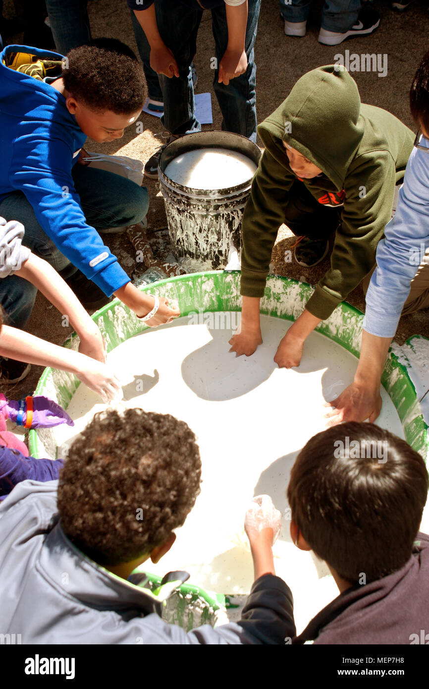 A group of kids stick their hands into a tub of goo made from corn ...