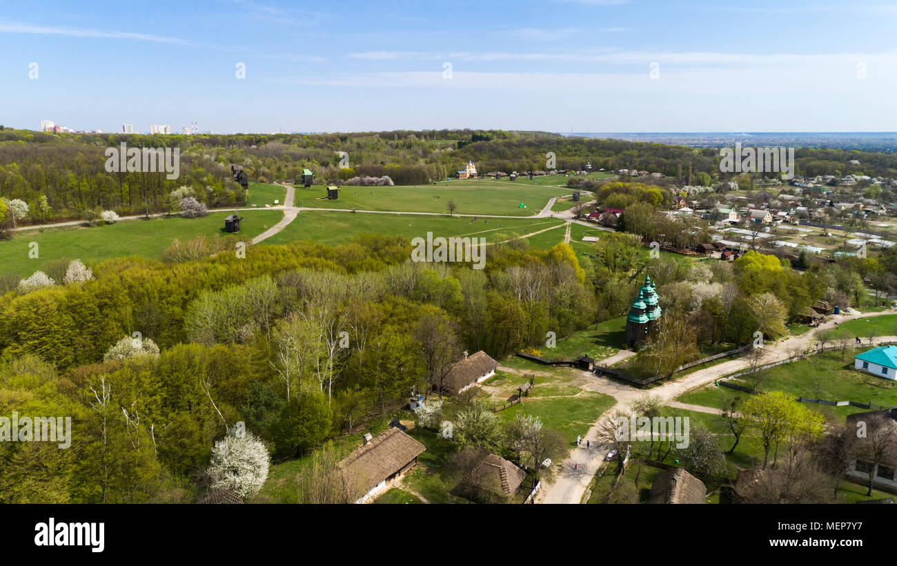 Aerial view over traditional Ukrainian village in spring, Pirogovo ...