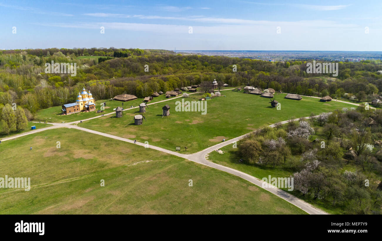 Aerial view over traditional Ukrainian village in spring, Pirogovo ...
