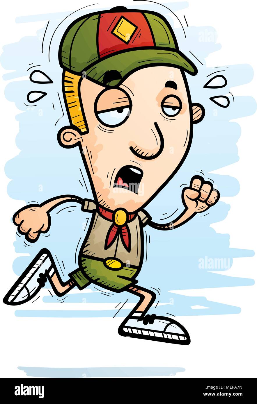 A cartoon illustration of a boy scout running and looking exhausted ...
