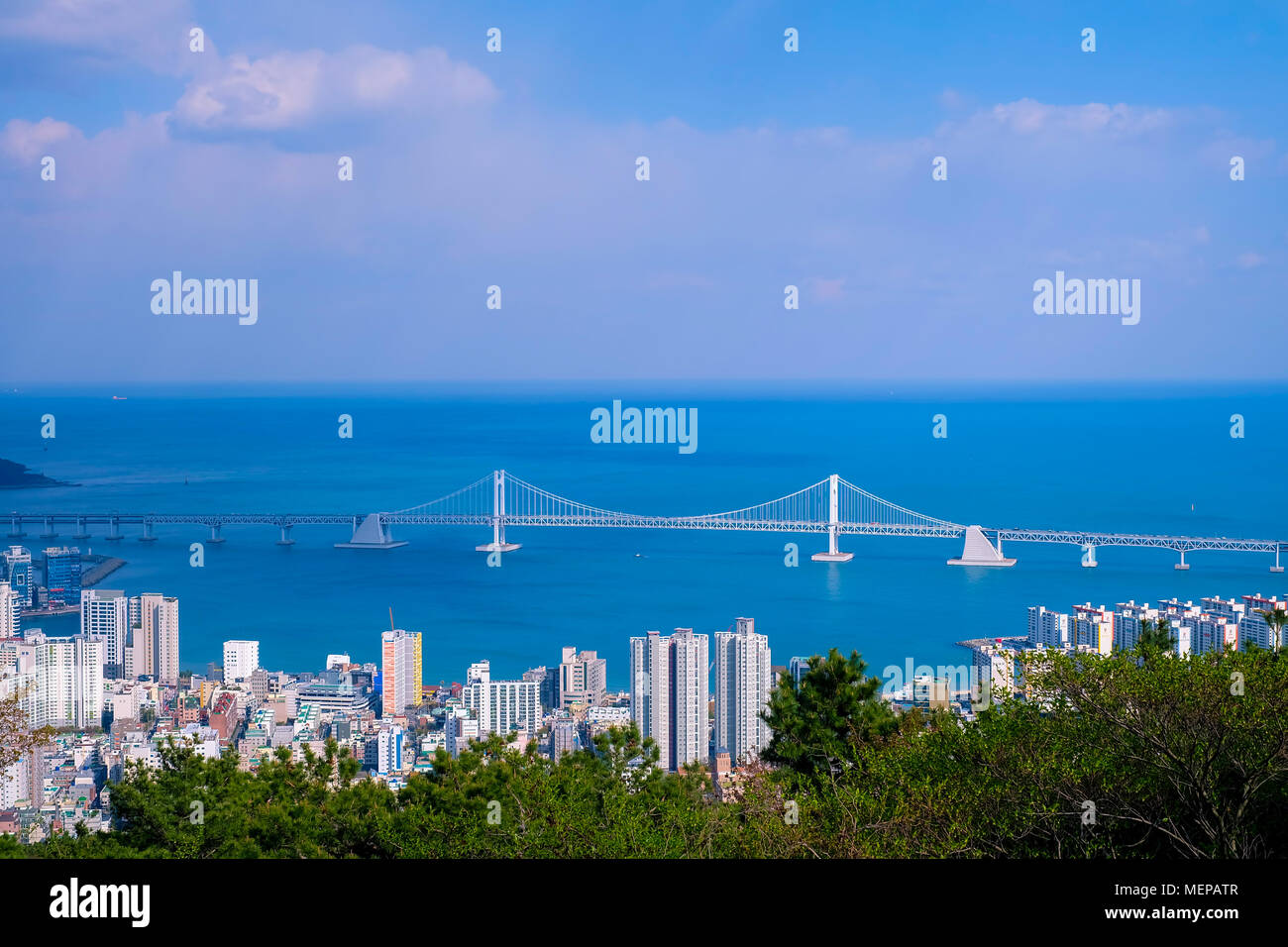 Aerial view of Gwangalli beach and Gwangan bridge in Busan city of ...