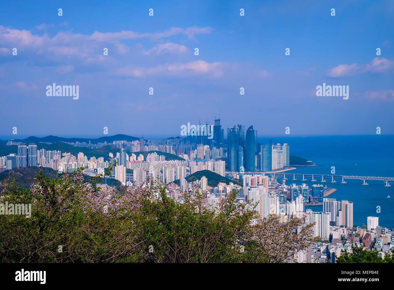 Aerial view of Gwangalli beach and Gwangan bridge in Busan city of ...