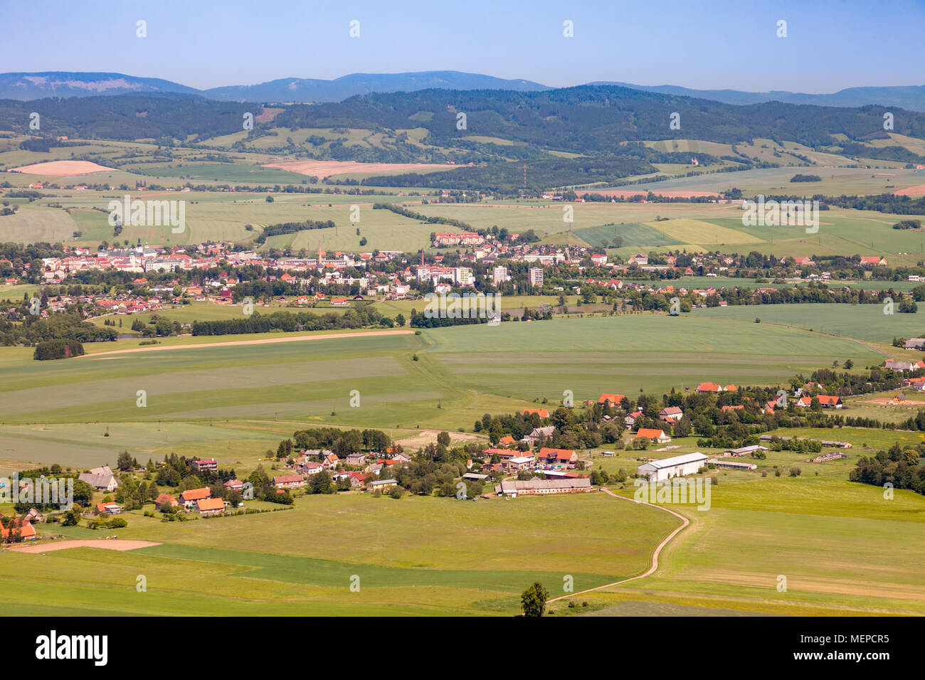 Aerial view of farmland and villages in the Czech countryside of ...