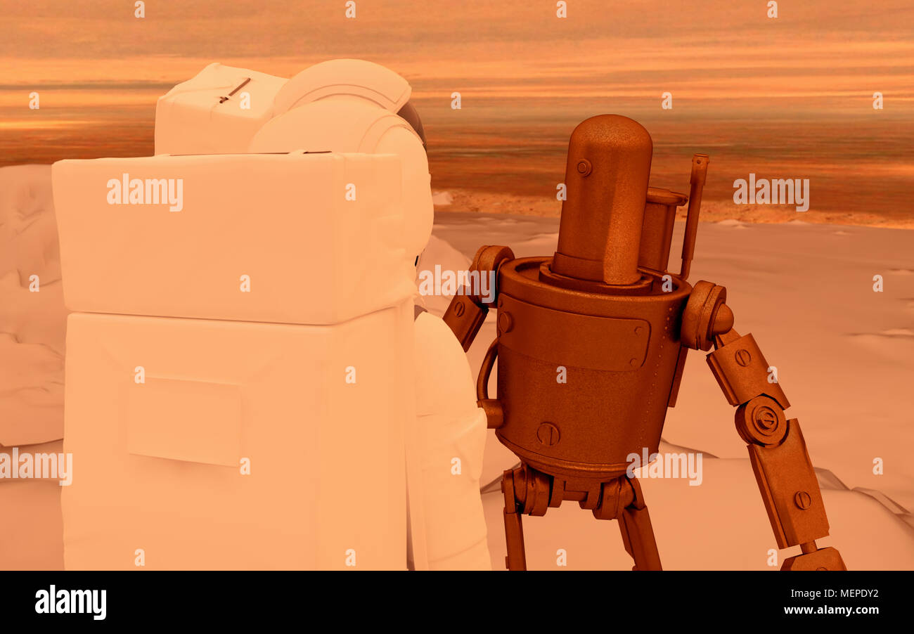 two astronauts and a retrostyled robot AI assistant on the Mars Stock ...