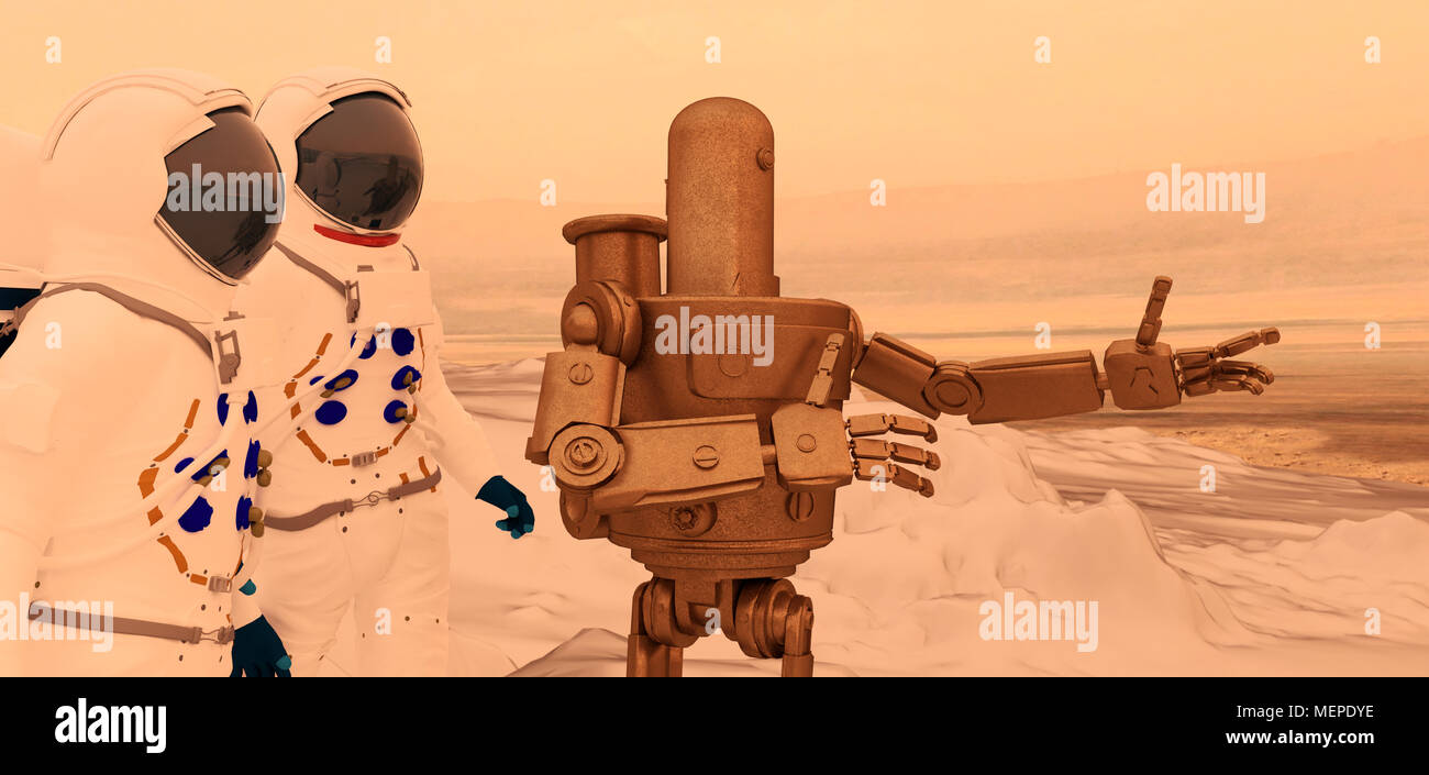 two astronauts and a retrostyled robot AI assistant on the Mars Stock ...