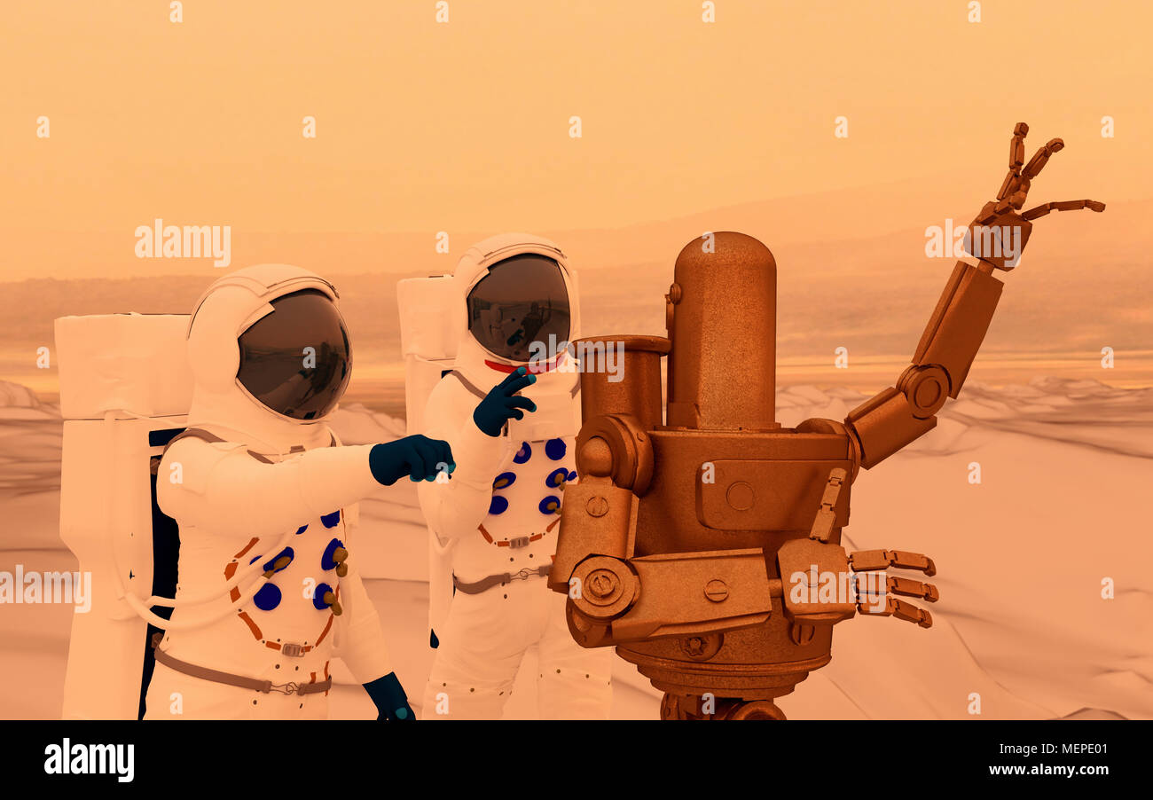 two astronauts and a retrostyled robot AI assistant on the Mars Stock ...