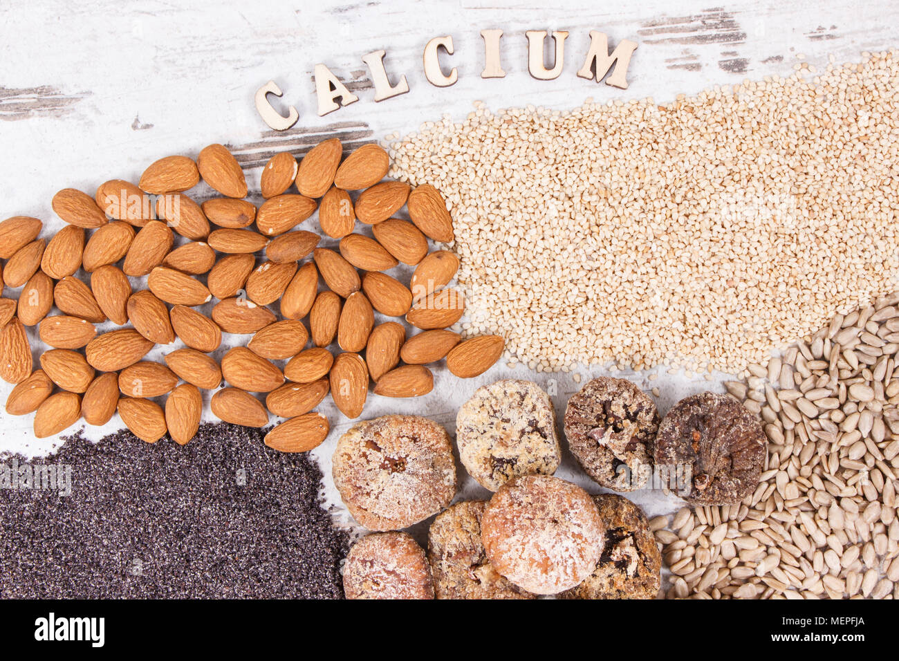 Natural food containing calcium, dietary fiber and minerals, concept of ...
