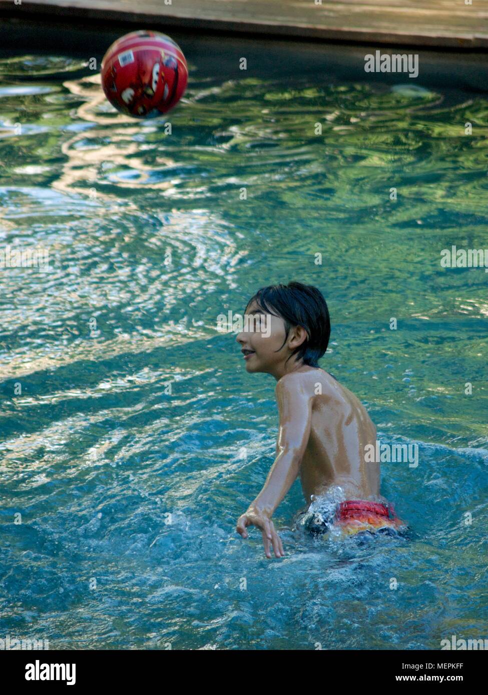 Boy playing soccer in a swimming pool Stock Photo - Alamy