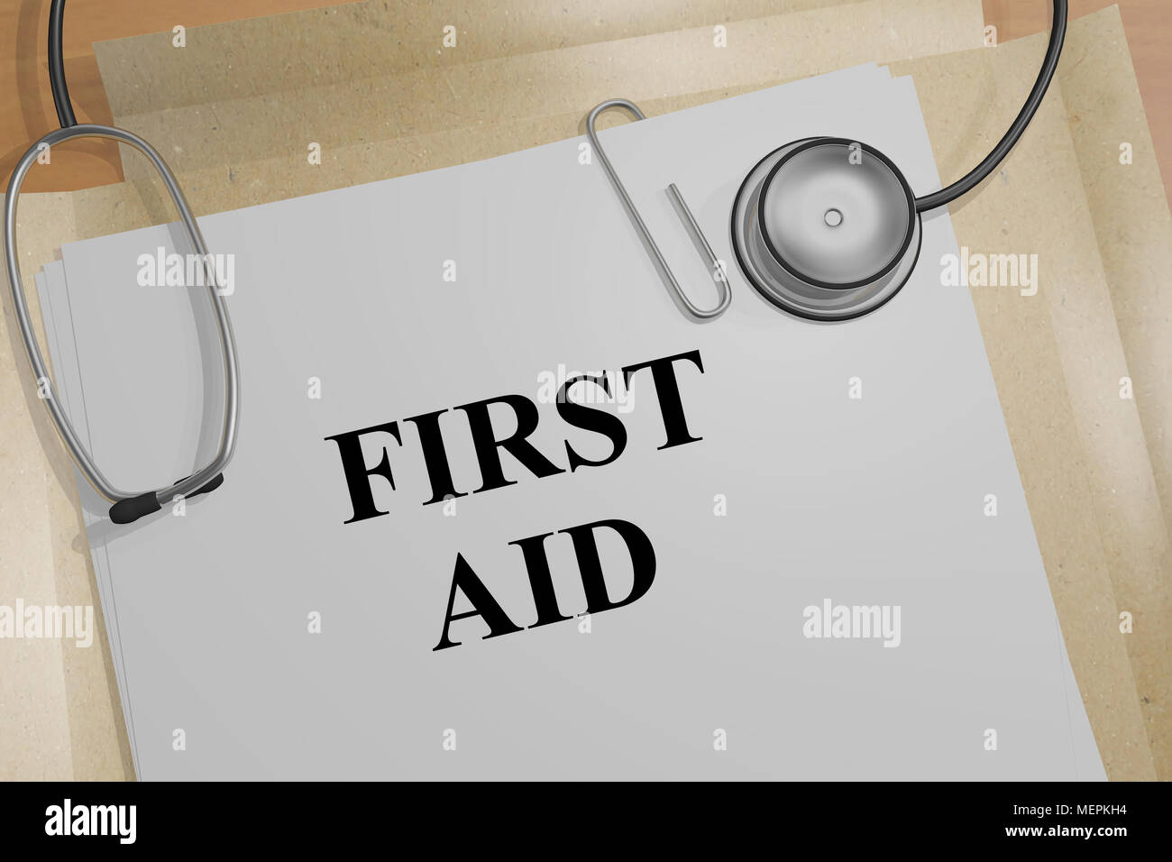 3D illustration of FIRST AID title on a medical document Stock Photo ...