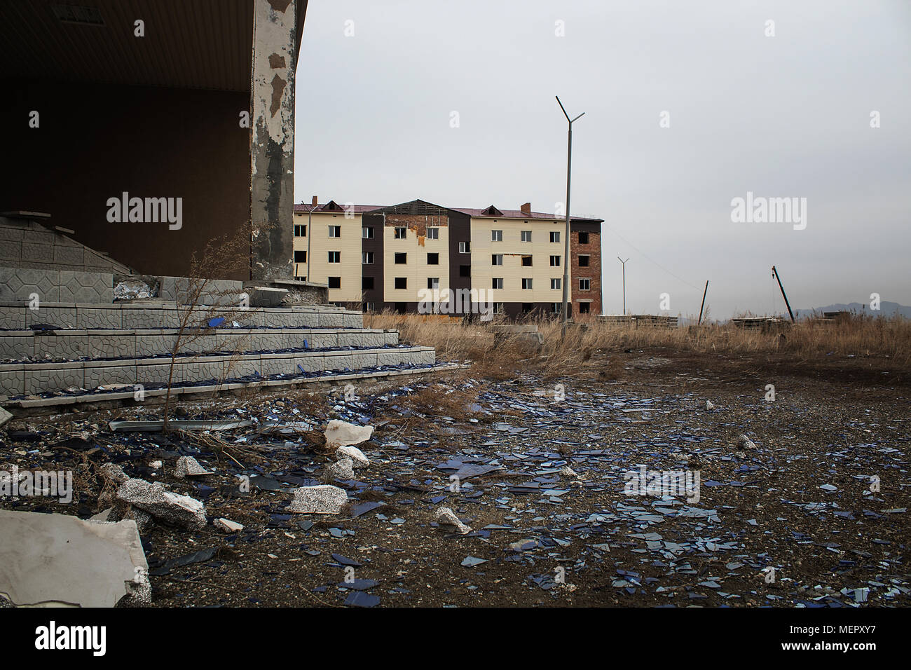 Grunge landscape. Abandoned building. Grunge building. Outskirts Stock ...