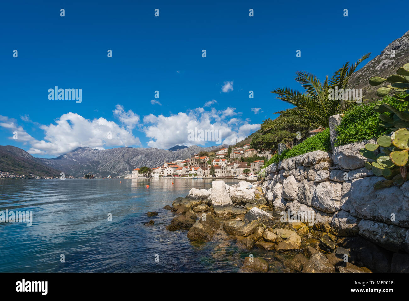 View of the beautiful Perast town in the Kotor Bay, Montenegro Stock ...
