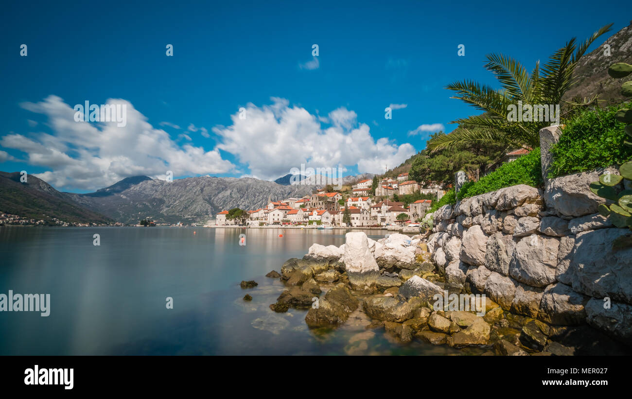 View of the beautiful Perast town in the Kotor Bay, Montenegro Stock ...