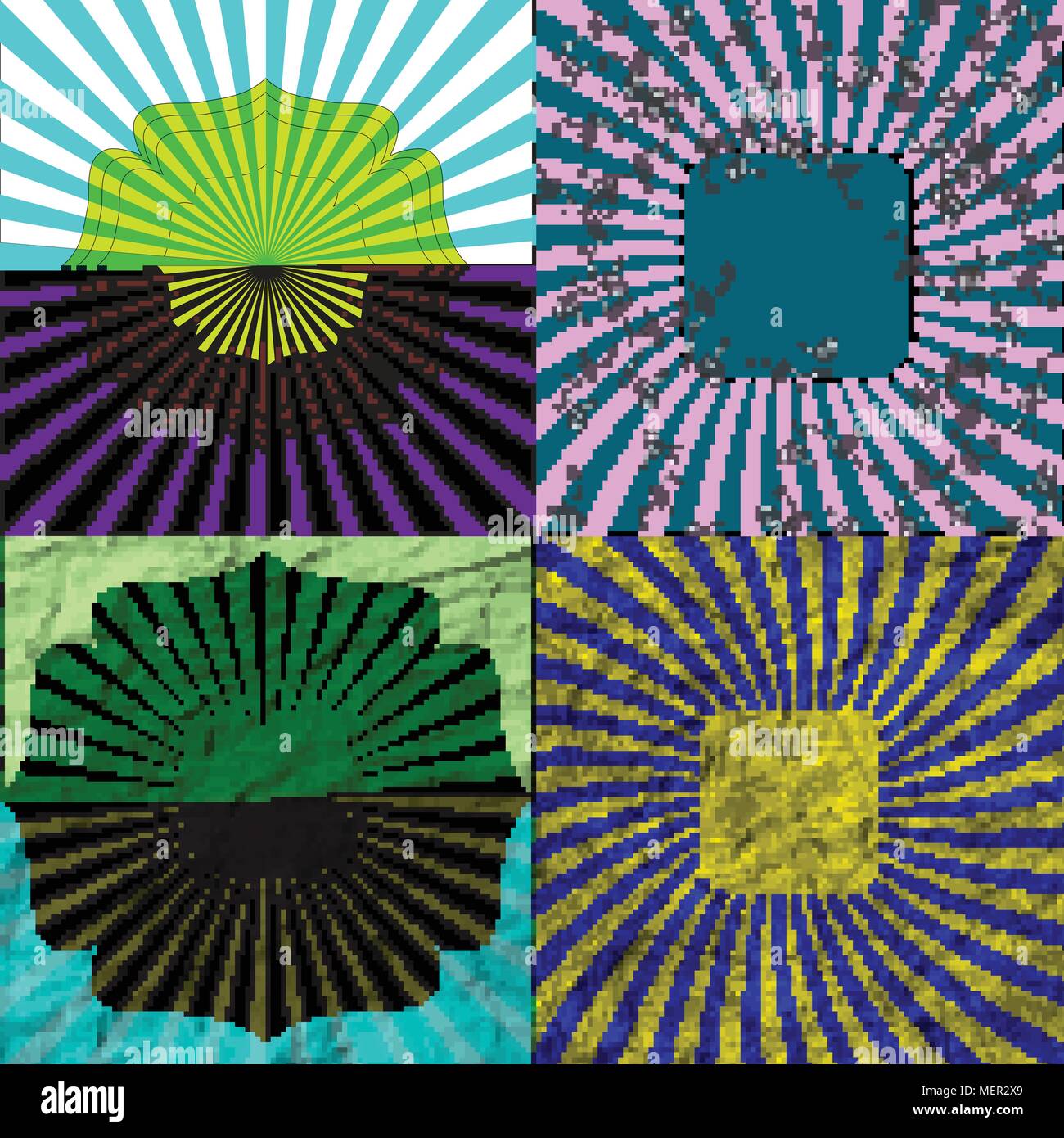 Sunburst Retro Textured Grunge Background Set Vintage Rays Vector