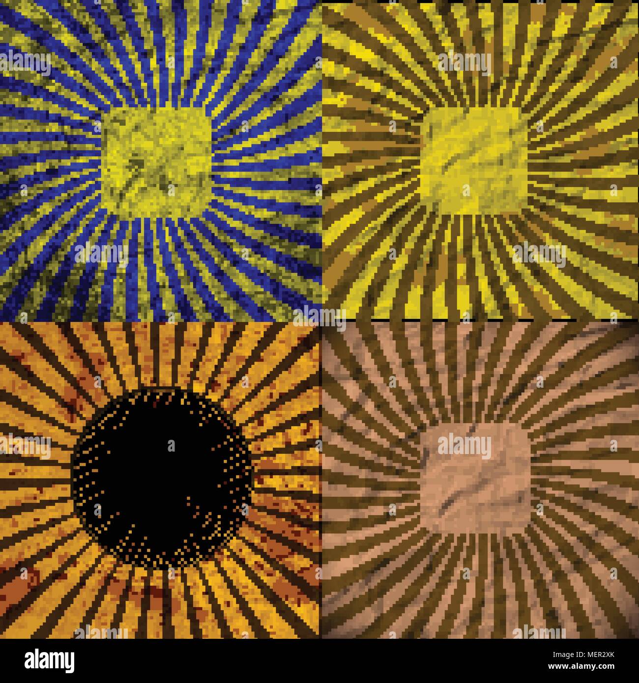 Sunburst Retro Textured Grunge Background Set Vintage Rays Vector