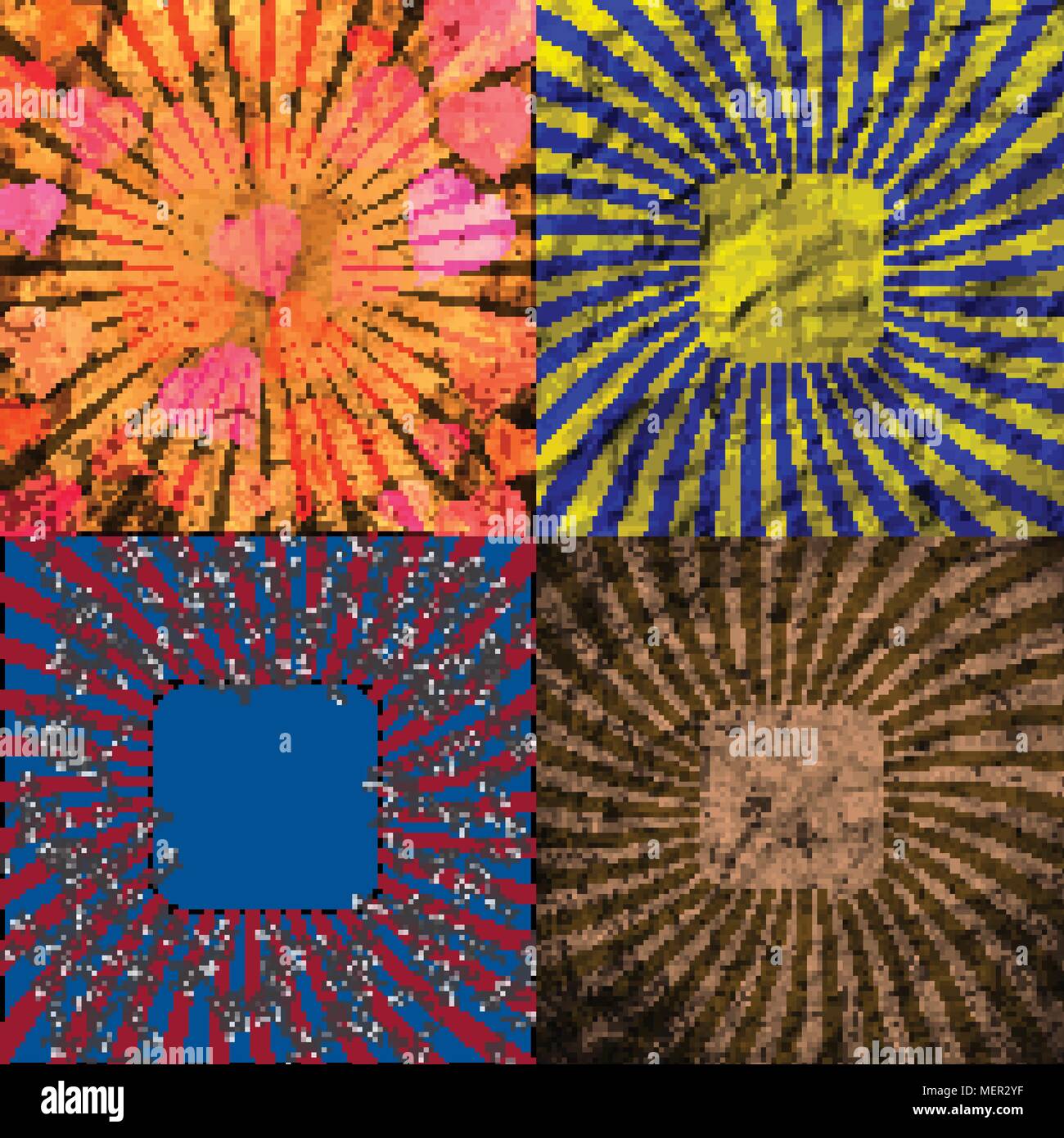 Sunburst Retro Textured Grunge Background Set Vintage Rays Vector