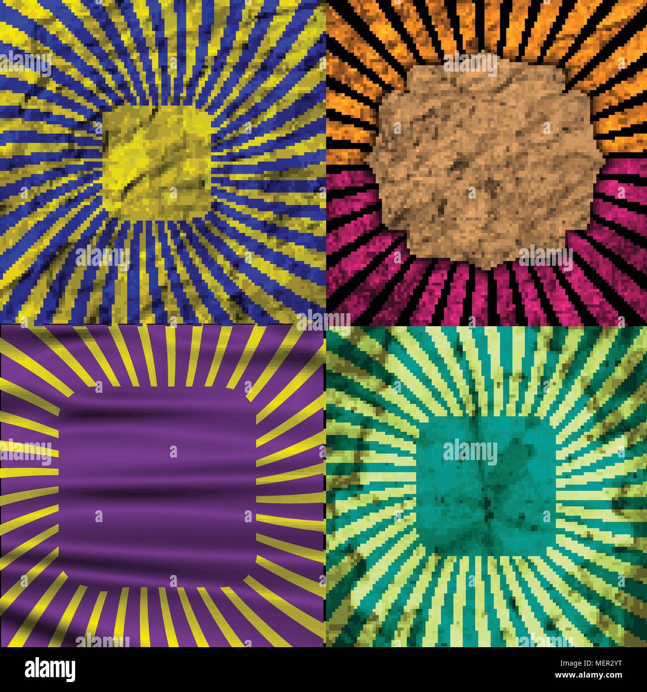 Sunburst Retro Textured Grunge Background Set Vintage Rays Vector
