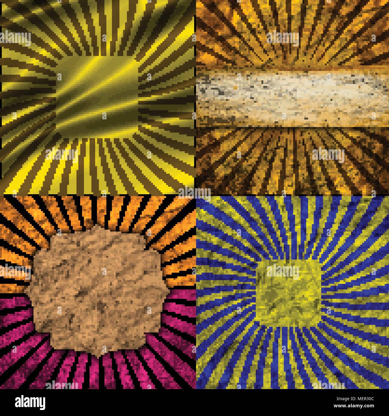 Sunburst Retro Textured Grunge Background Set Vintage Rays Vector