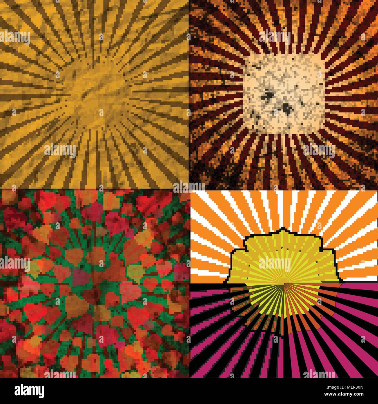 Sunburst Retro Textured Grunge Background Set Vintage Rays Vector