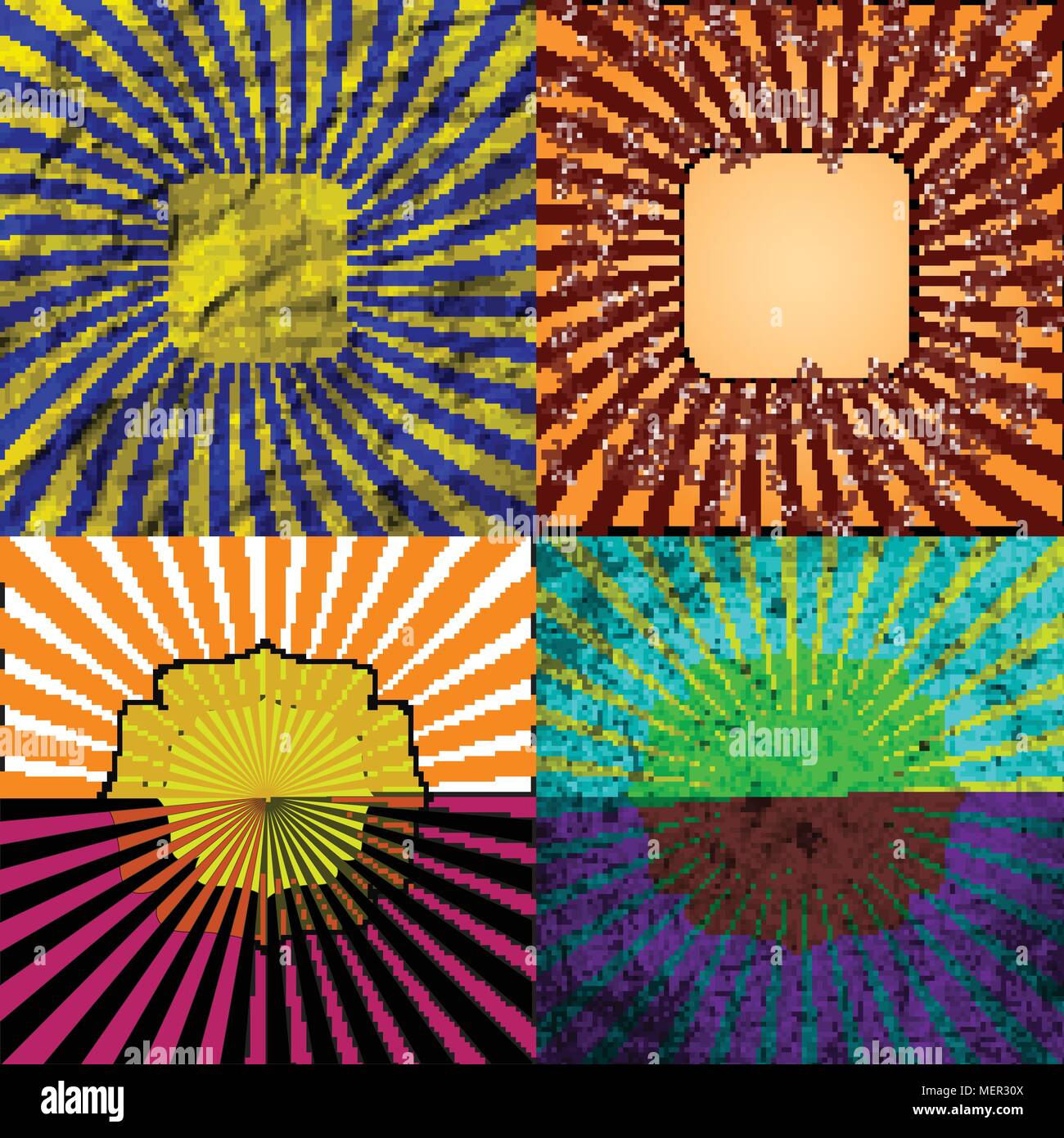 Sunburst Retro Textured Grunge Background Set Vintage Rays Vector