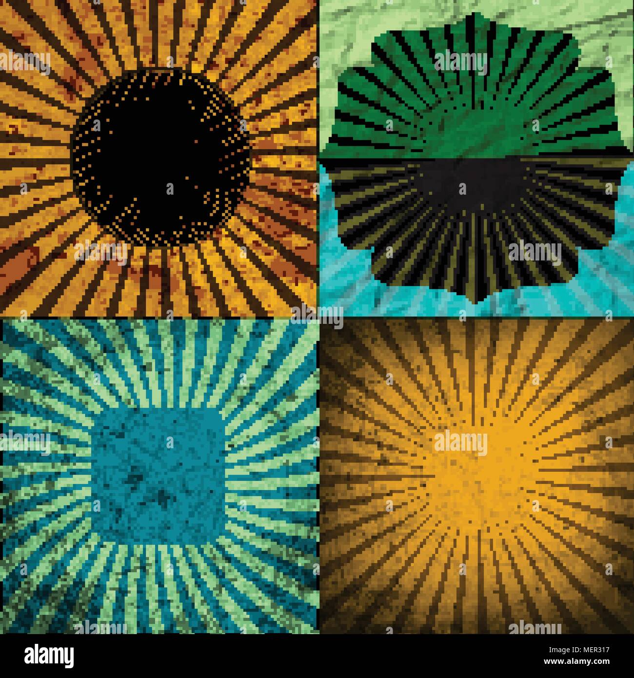 Sunburst Retro Textured Grunge Background Set Vintage Rays Vector