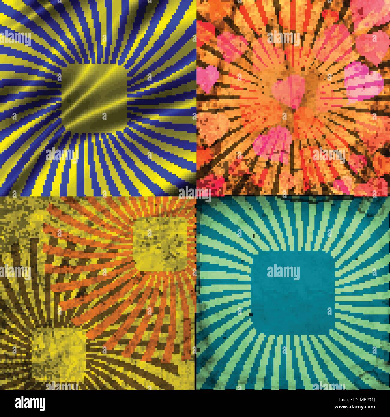 Sunburst Retro Textured Grunge Background Set Vintage Rays Vector