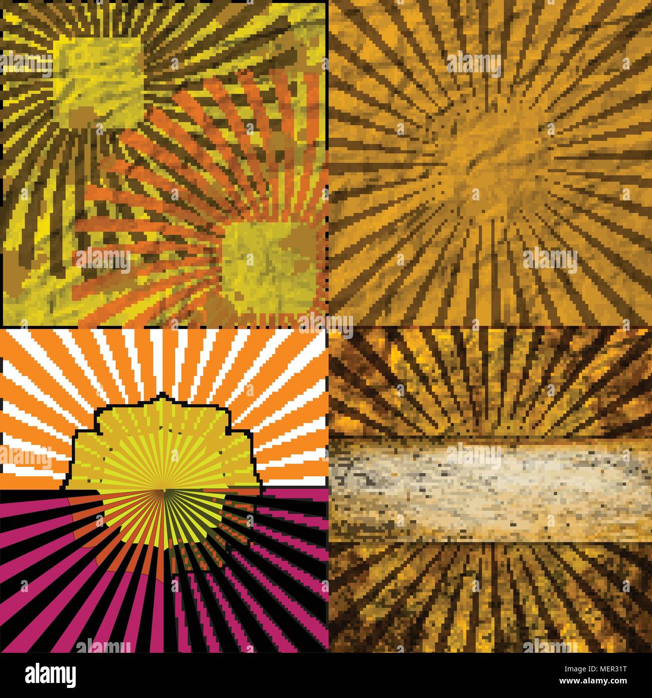 Sunburst Retro Textured Grunge Background Set Vintage Rays Vector