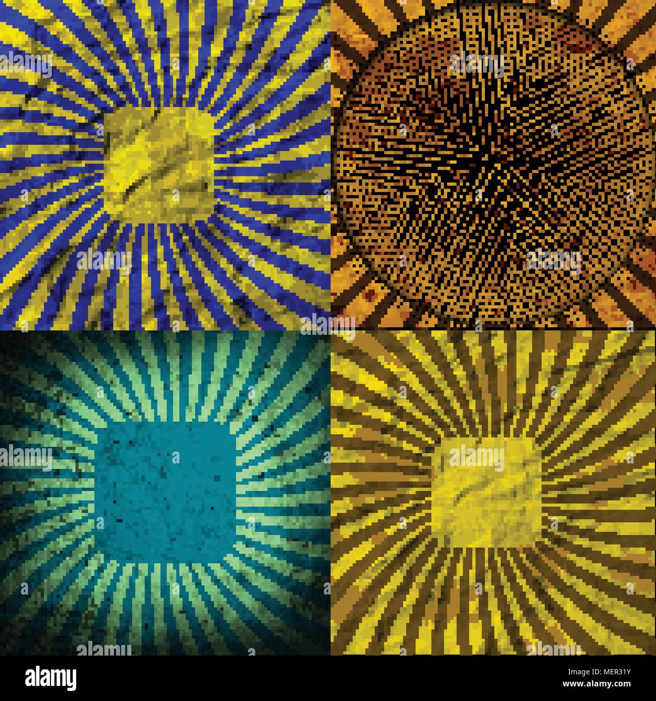 Sunburst Retro Textured Grunge Background Set Vintage Rays Vector