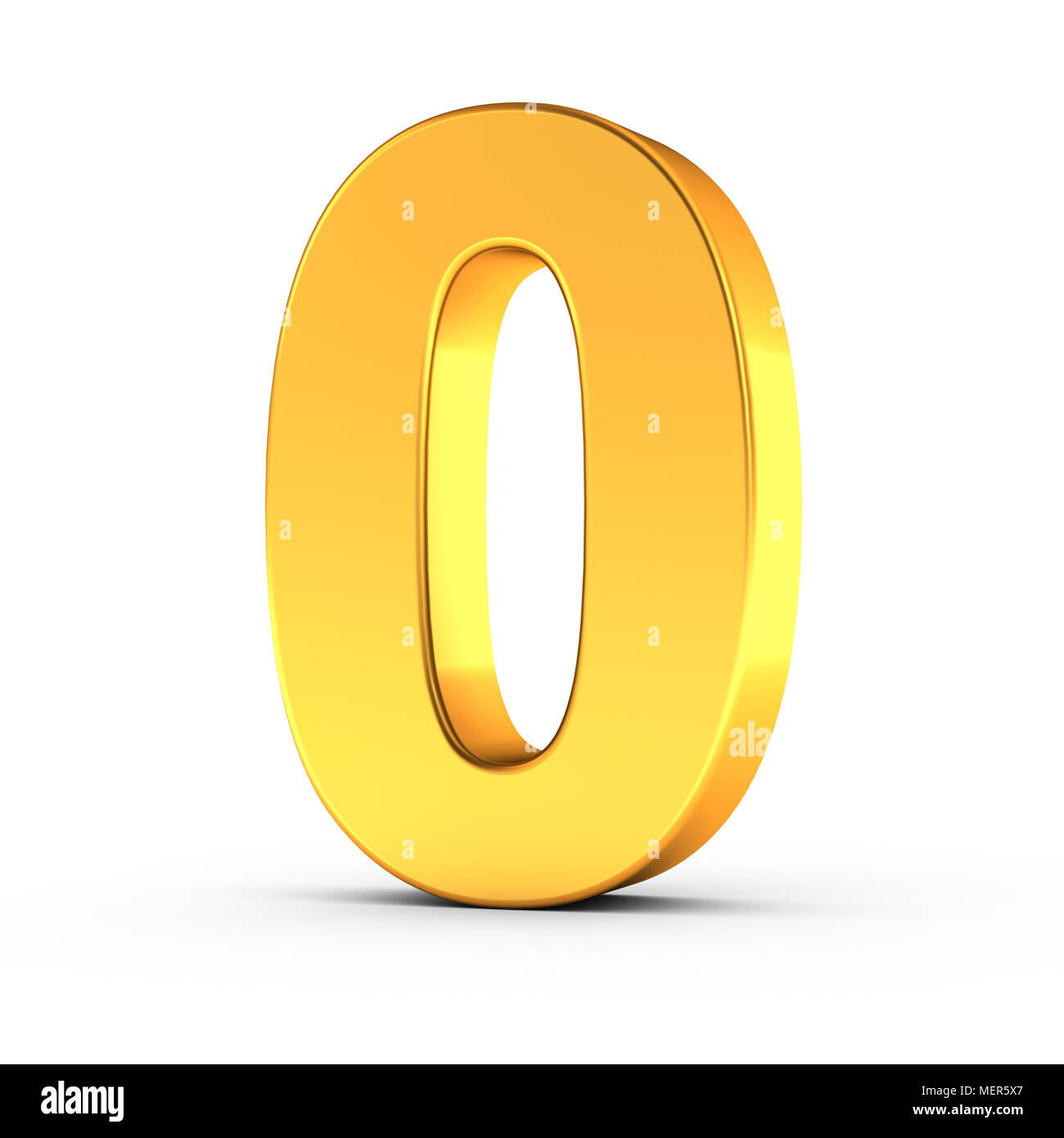 The number zero as a polished golden object over white background with ...