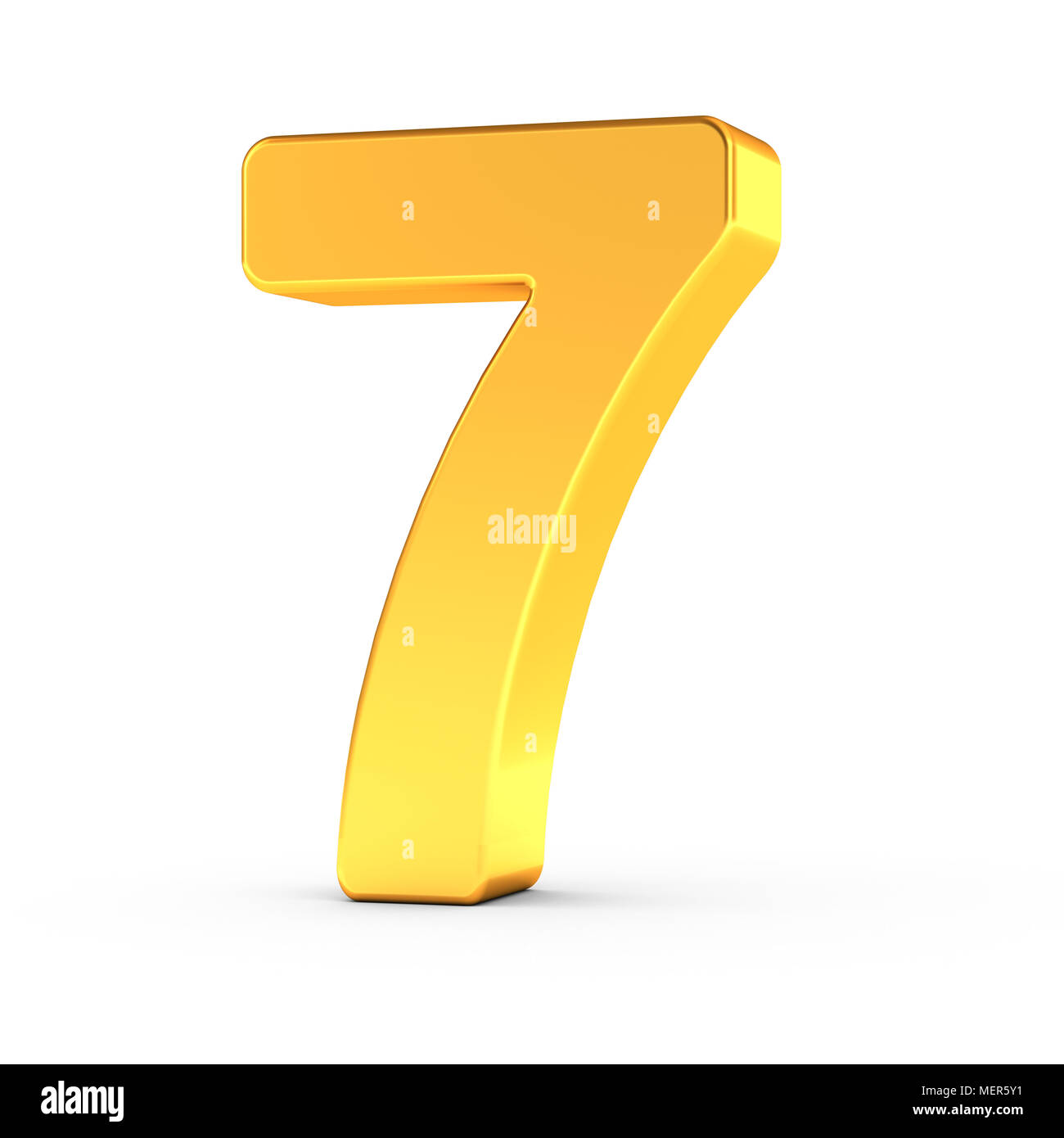 The number seven as a polished golden object over white background with ...