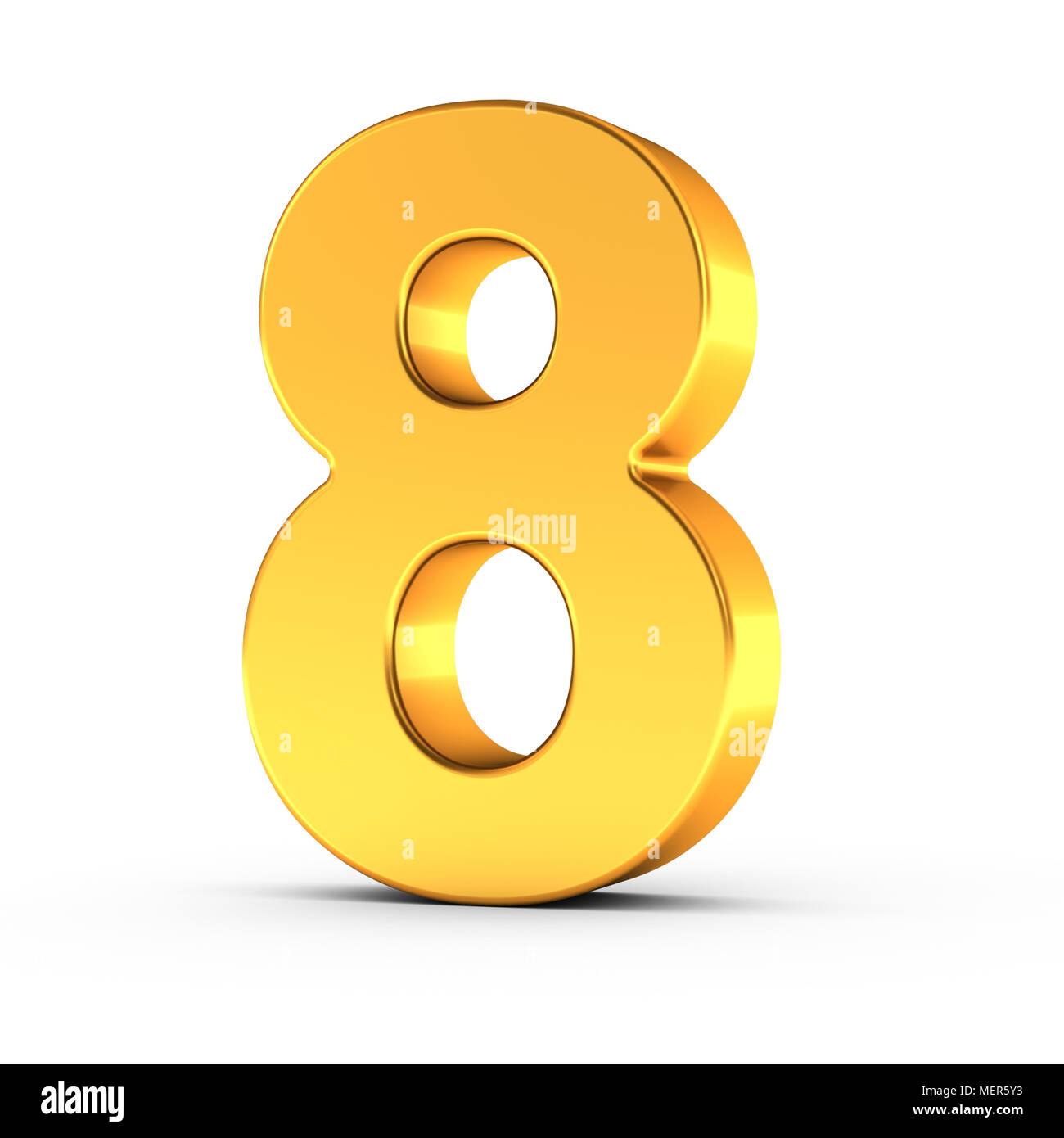 The number eight as a polished golden object over white background with ...