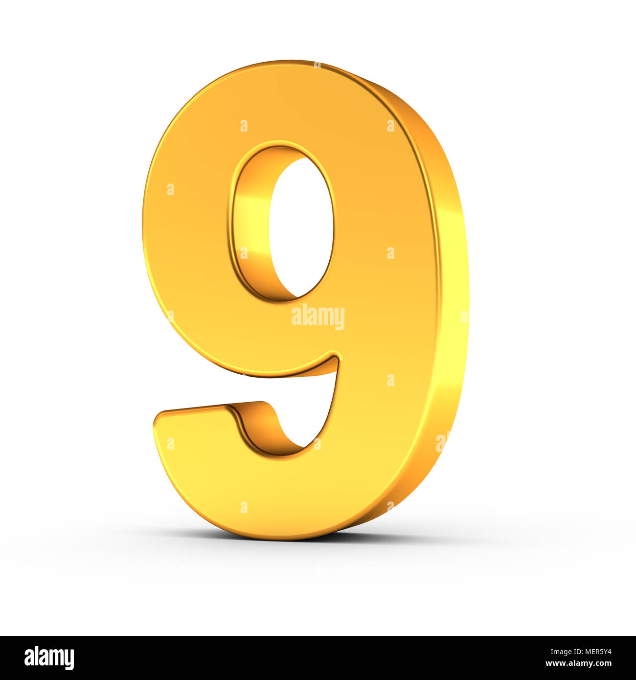 The number nine as a polished golden object over white background with ...