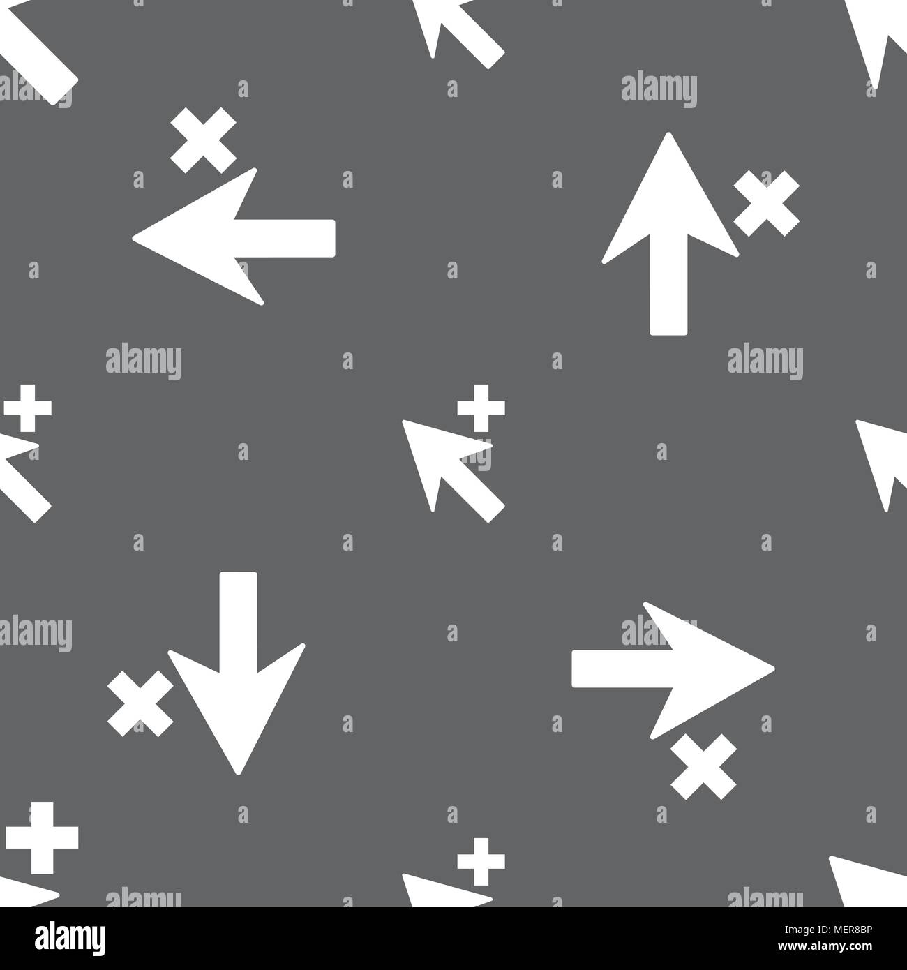 Cursor, arrow plus, add icon sign. Seamless pattern on a gray ...