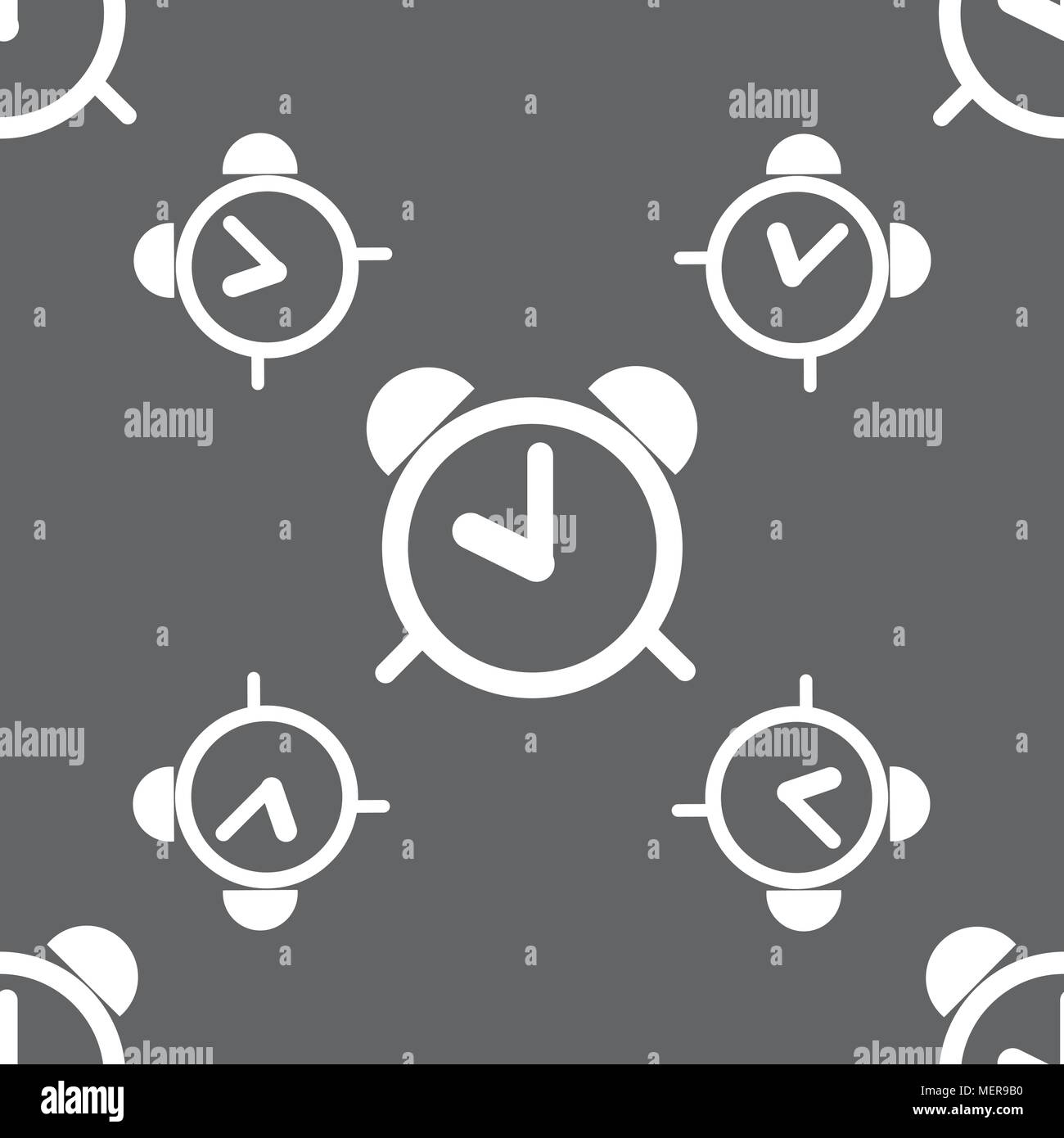 Alarm clock sign icon. Wake up alarm symbol. Seamless pattern on a gray ...