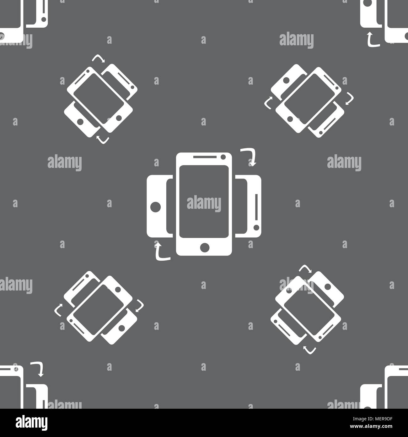 Synchronization sign icon. smartphones sync symbol. Data exchange. Seamless pattern on a gray ...
