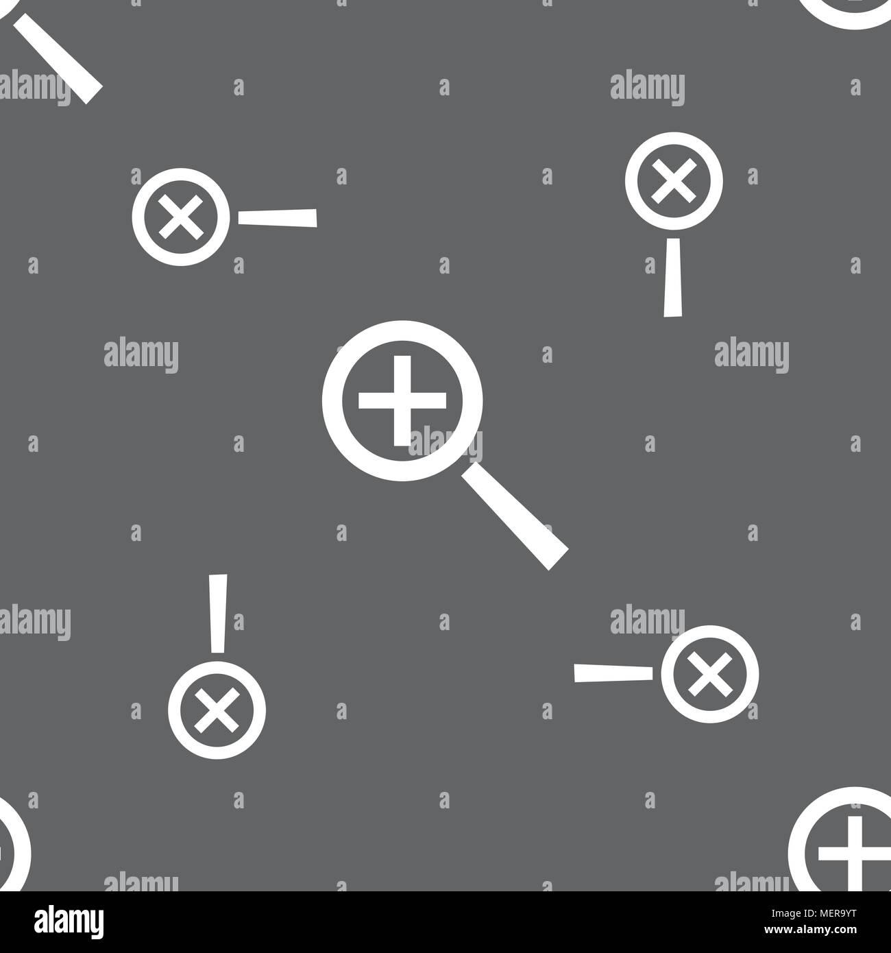 Magnifier glass, Zoom tool icon sign. Seamless pattern on a gray ...